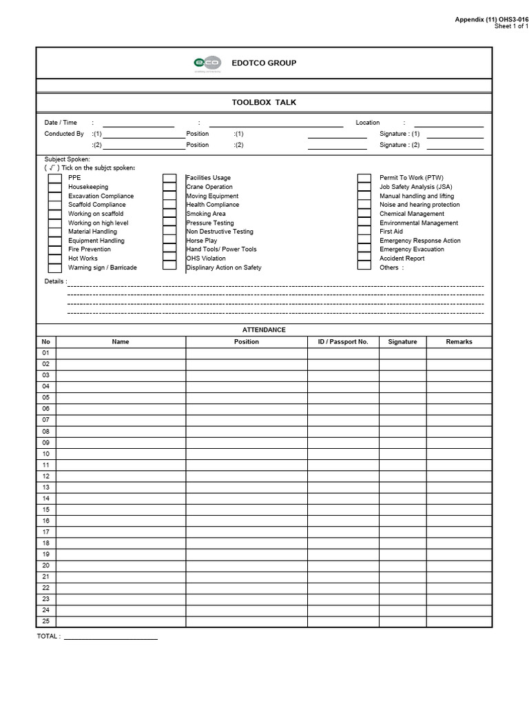 Daily Pre Job Start Toolbox Talk | PDF | Occupational Safety And Health ...