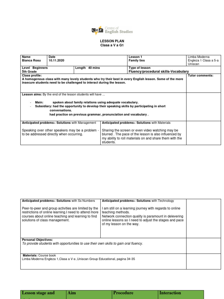 Grad Didactic II IC1 Lesson Plan CL - A 5-A G1 | PDF | Pedagogy | Learning
