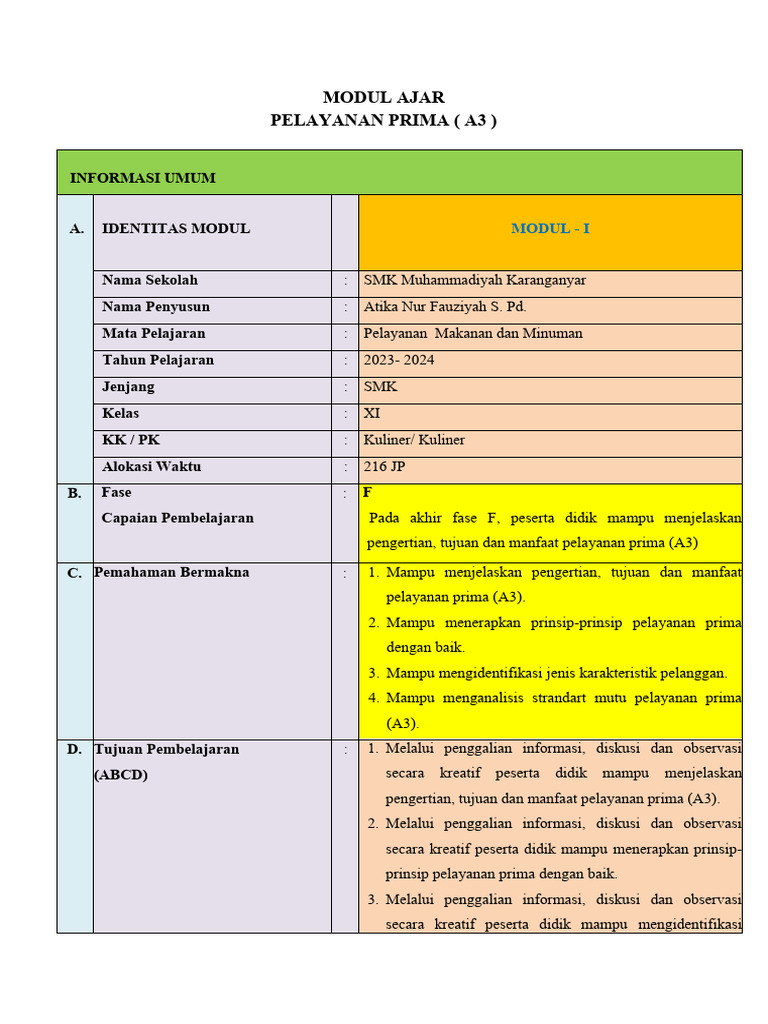 MODUL AJAR XI - Pelayanan 1 - PELAYANAN PRIMA (A3) | PDF