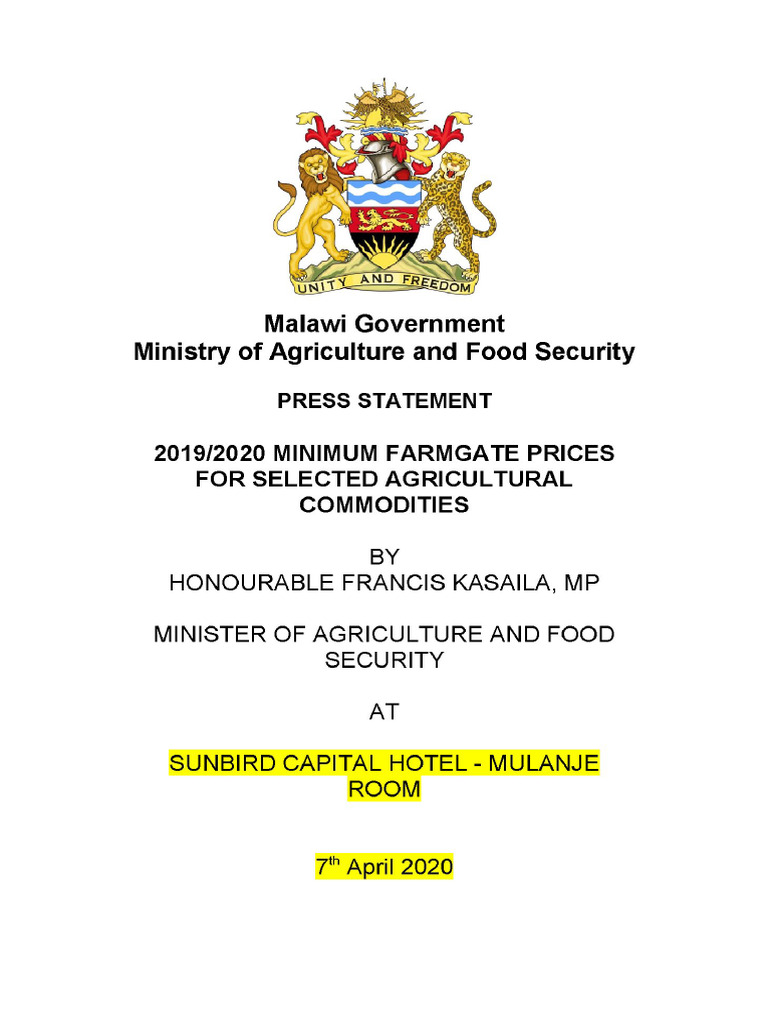 Malawi GVT Farmgate Prices | PDF | Food And Drink | Economies