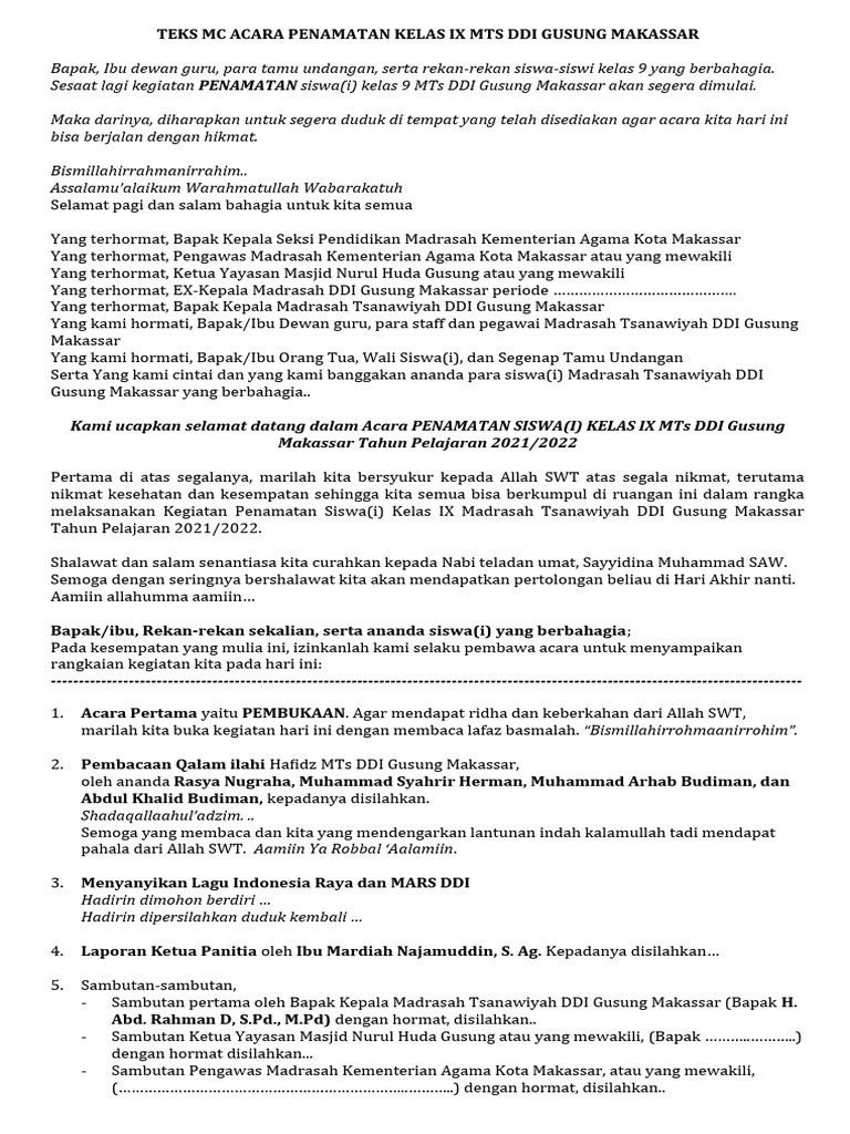 Teks MC Acara Penamatan Kelas Ix MTS Ddi Gusung Makassar | PDF ...