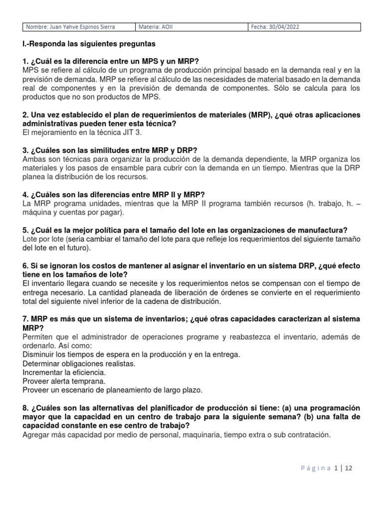 AOII Act. 5 Preguntas y Problemas de MPS y MRP-Espinos Sierra Juan Yahve | PDF | Inventario ...