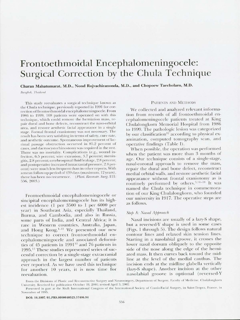 Frontoethmoidal Encephalomeningocele Chula Technique | PDF