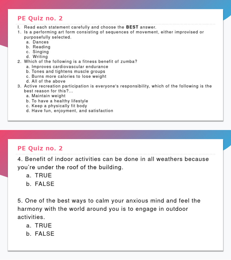 PE Quiz: Fitness and Recreation | PDF
