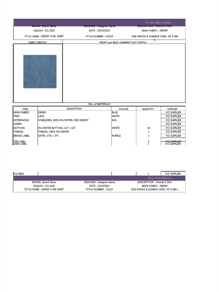PDF Cover Sheet Amp Bom | PDF | Seam (Sewing) | Shirt