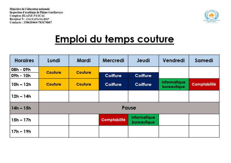 Emploi du temps CAP Couture 2024 | PDF