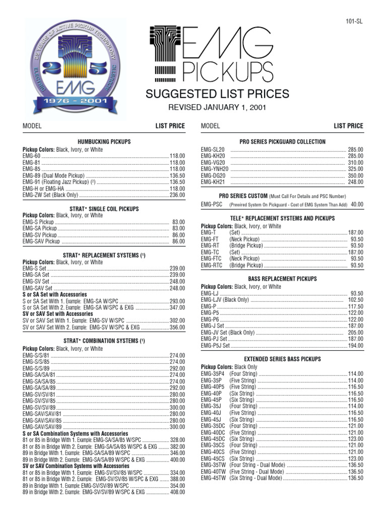 EMG Prices | PDF | Guitar Family Instruments | Sound Technology