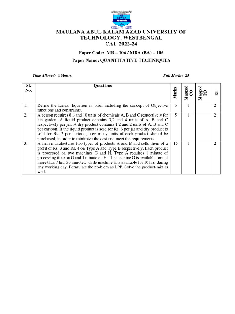 MBA Quantitative Techniques Exam | PDF