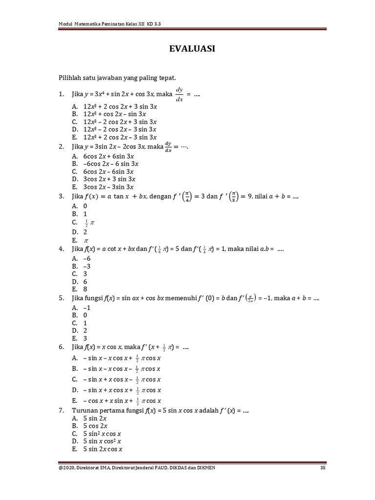 Soal Turunan Matematika Kelas 12 | PDF