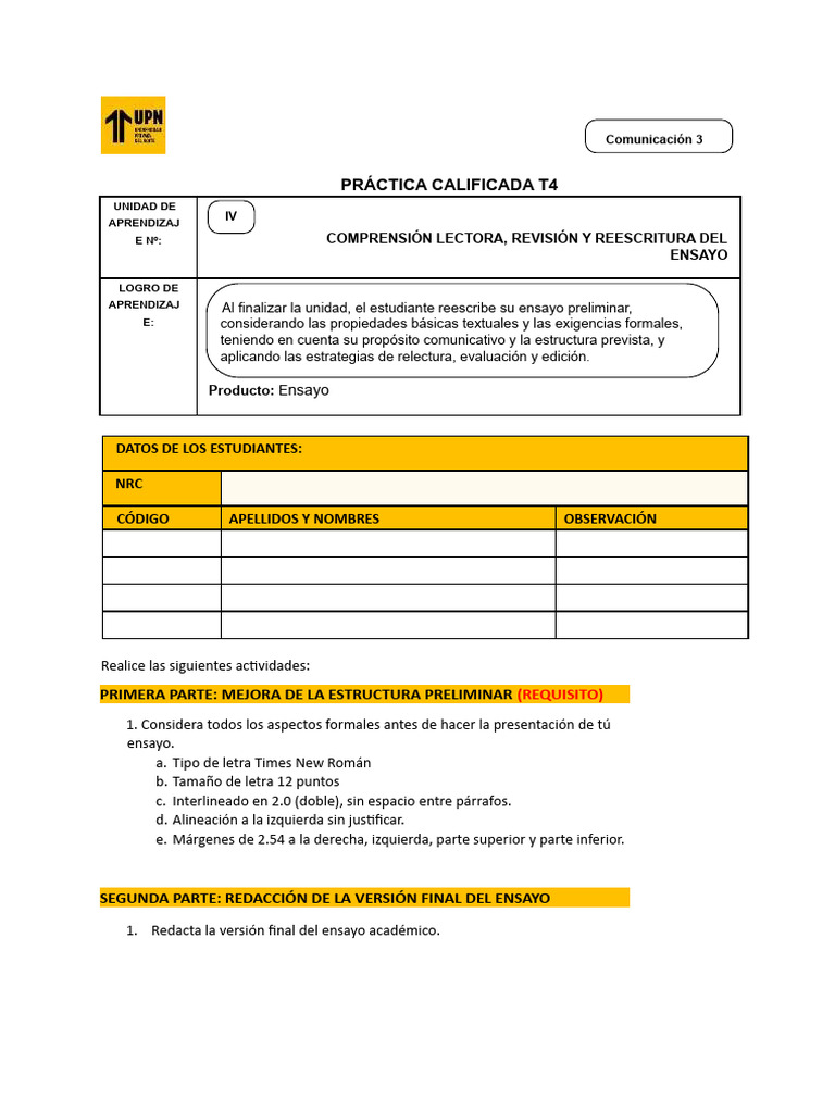 Formato Práctica Calificada T4 | PDF | Ensayos | Comunicación humana