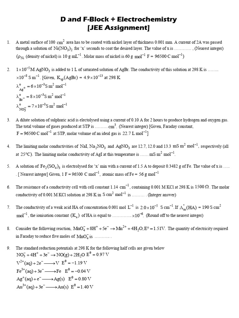 D Andf Block Elements+Electrochemistry JEE ASSIGNMENT 17 NOV | PDF | Redox | Mole (Unit)