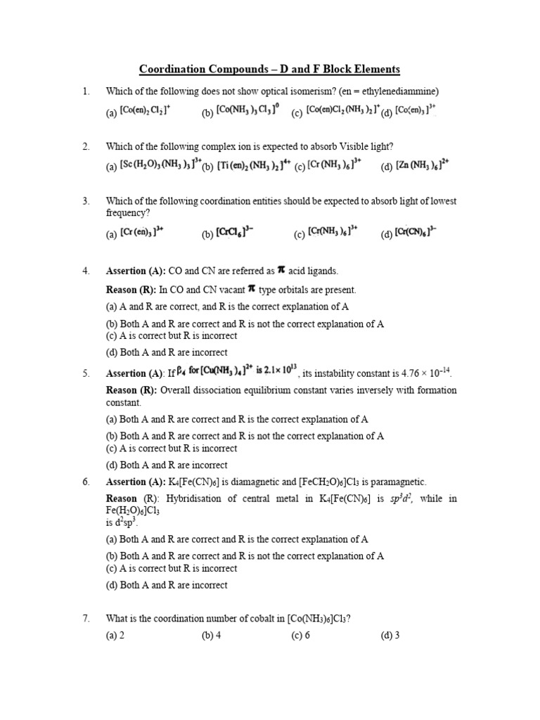Coordination Compound - D and F Block Paper - 14-11-2023 | PDF ...