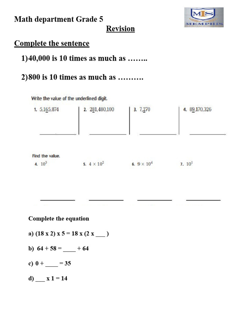 Grade 5 Math Revision Exercises | PDF | Home & Garden | Computers