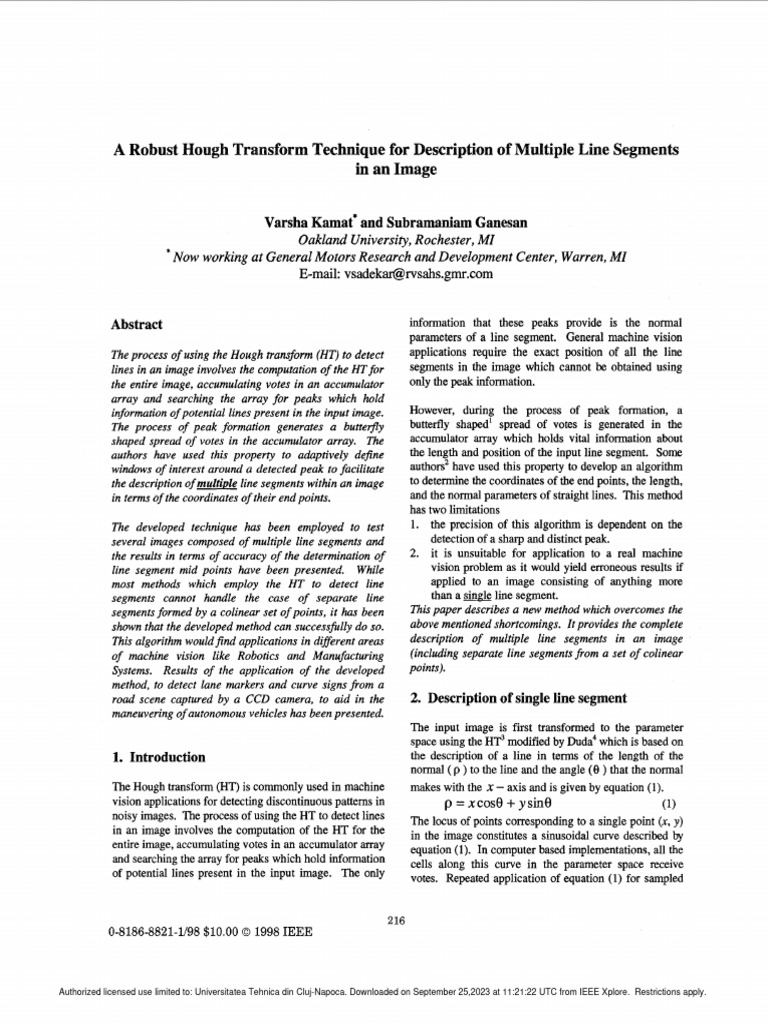 A Robust Hough Transform Technique For Description of Multiple Line Segments in An Image | PDF ...
