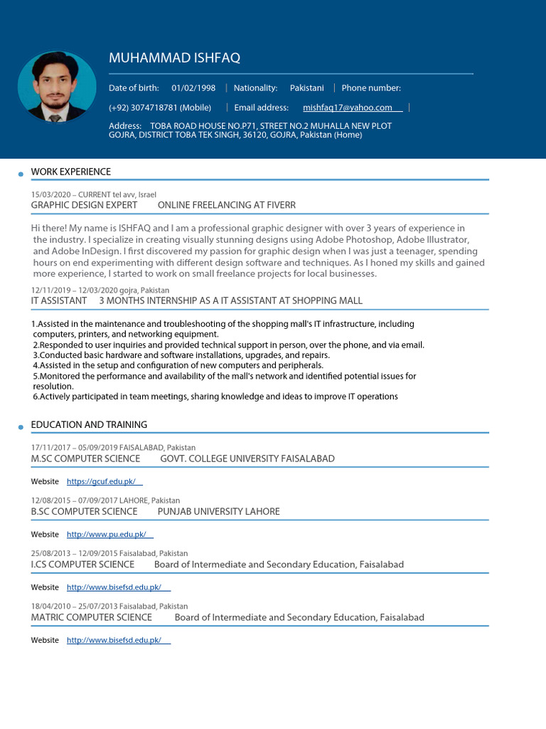 CV - Muhammad Ishfaq | PDF | Graphic Design | Pakistan