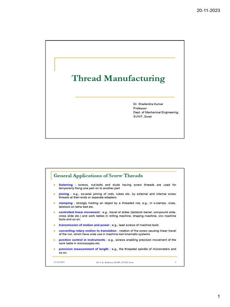 Thread Manufacturing Notes | PDF | Screw | Machining