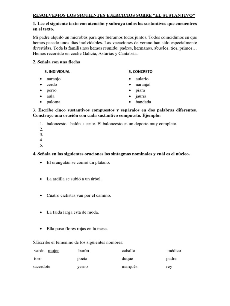 Ejercicios de Sustantivos para Estudiantes | PDF | Sustantivo ...