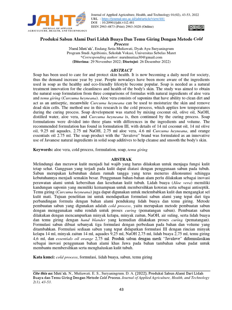 Produksi Sabun Alami Dari Lidah Buaya Dan Temu Giring Dengan Metode ...