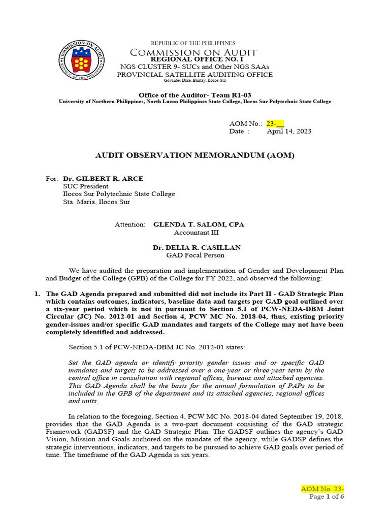 AOM Draft (GAD) ISPSC | PDF | Budget | Gender