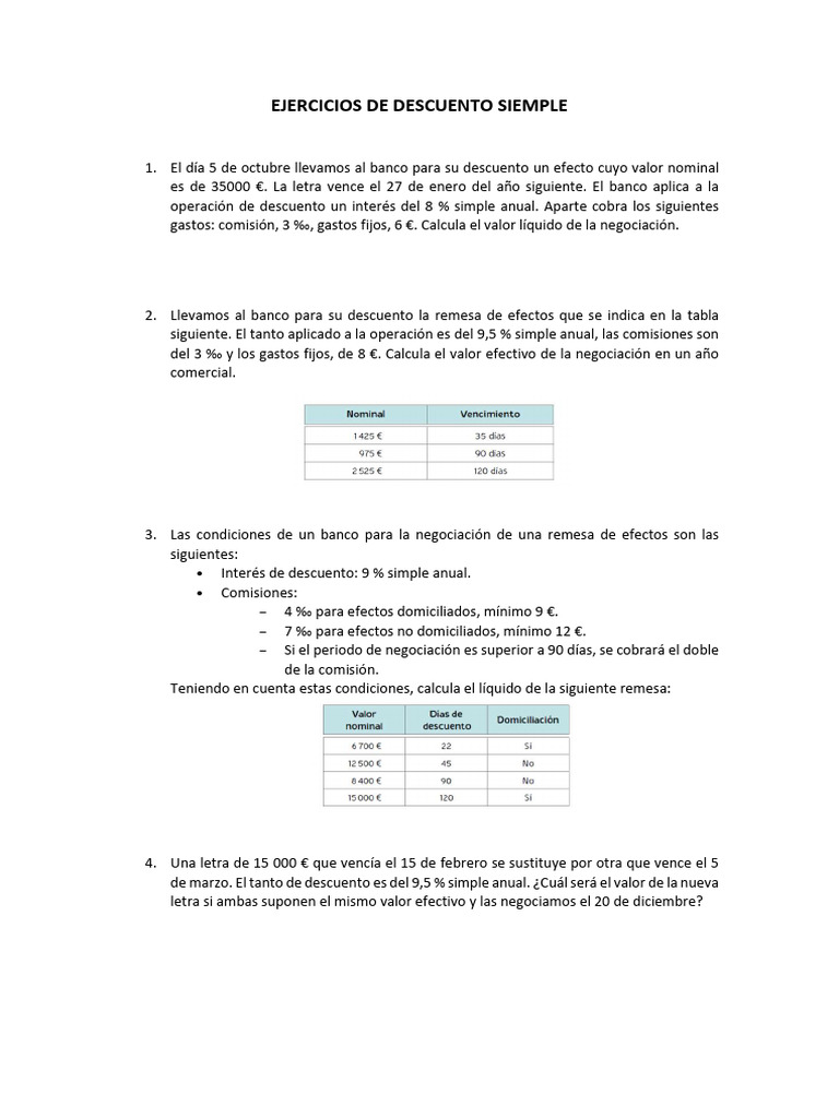 01 Ejercicios Descuento Simple | PDF