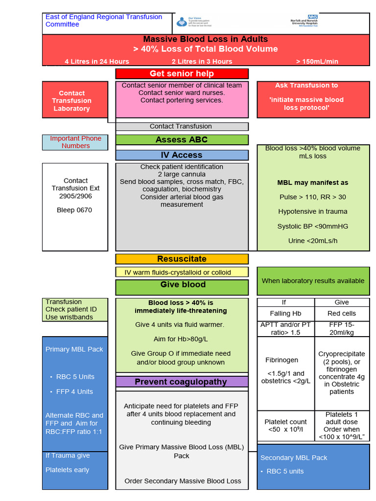 Massive Blood Loss Protocol Guide | PDF | Blood Transfusion | Blood