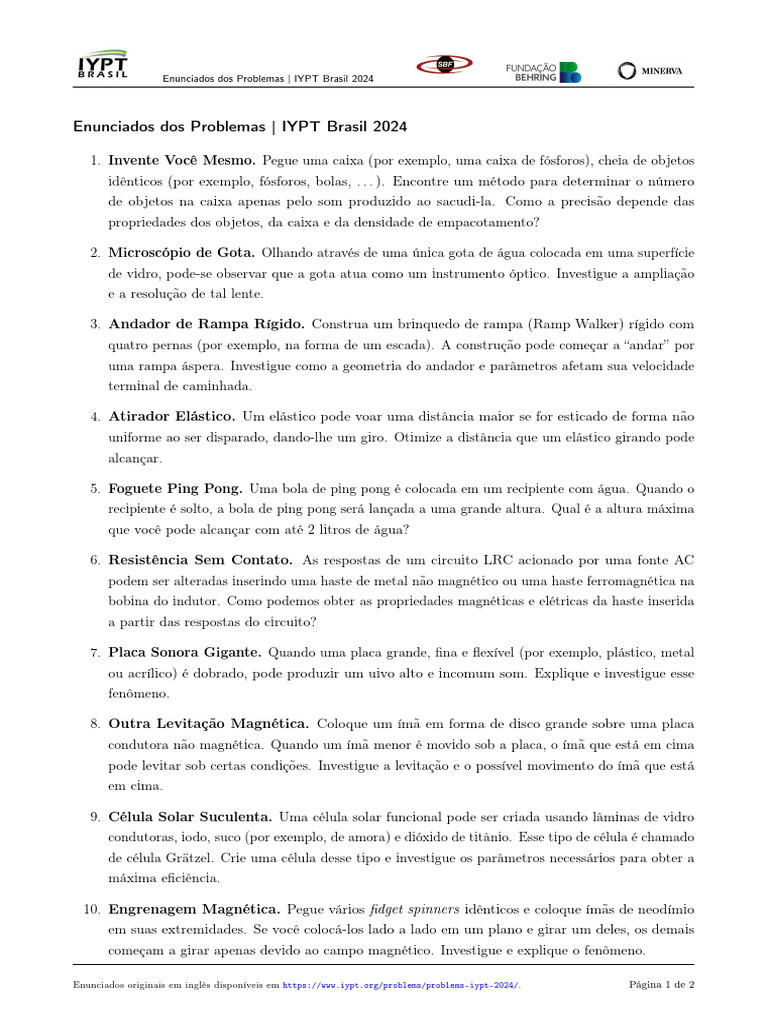 Problemas IYPT Brasil 2024 | PDF | Magnetismo | Ímã
