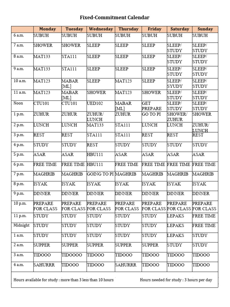 Appendix 2 (Fixed-Commitment Calendar - Topic 4) | PDF | Lunch