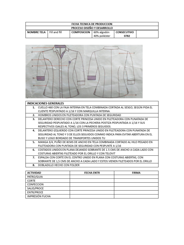 Ficha Tecnica de Camisa para Dama | PDF