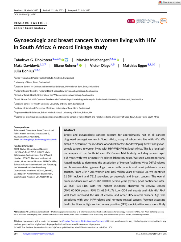 Gynaecologic and Breast Cancers in Women Living With HIVin South Africa: A Record Linkage Study ...