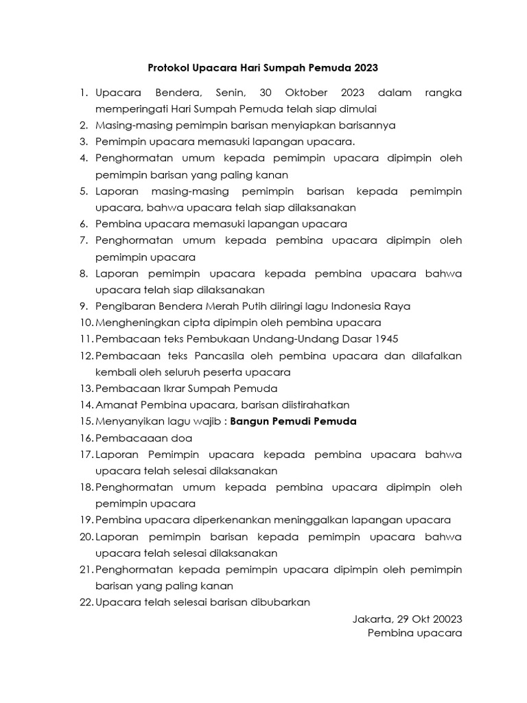 Urutan Protokol Upacara Bendera Tanggal 28 Oktober 2023 Hari Sumpah Pemuda | PDF