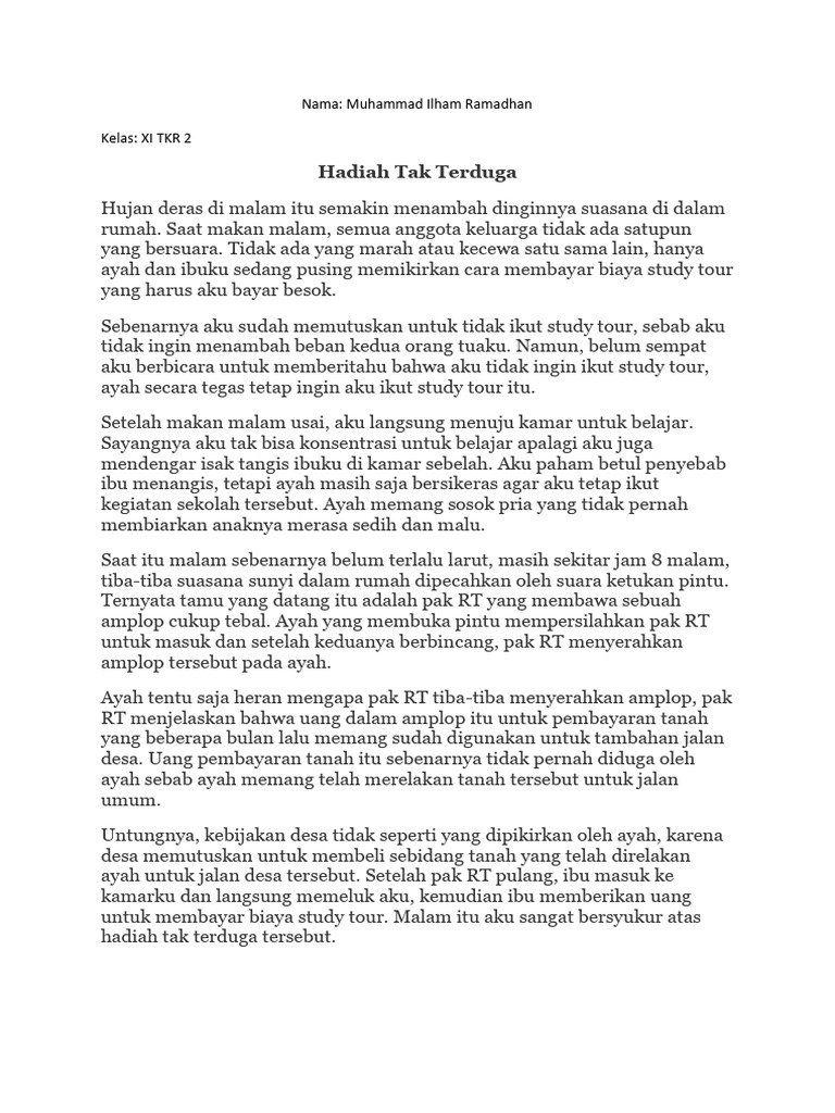 Hadiah Tak Terduga: Nama: Muhammad Ilham Ramadhan Kelas: XI TKR 2 | PDF | Seni | Fiksi Misteri ...