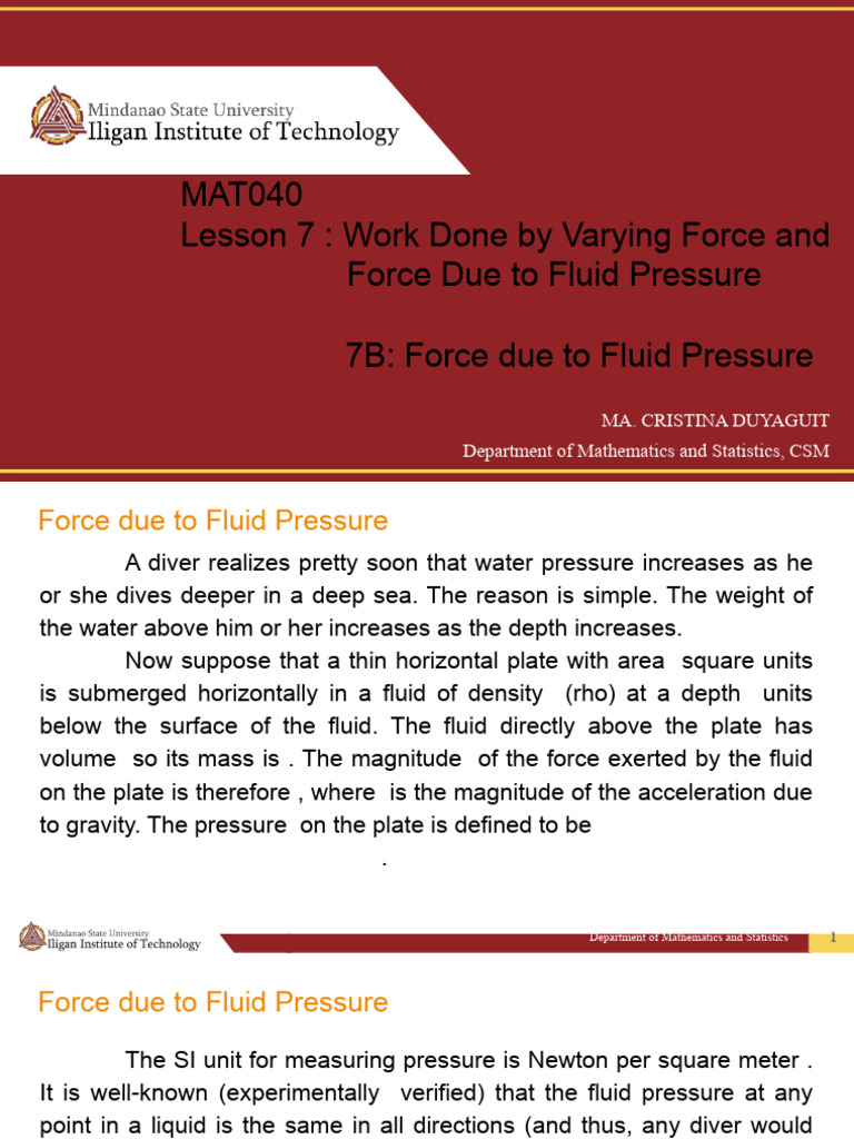 Lesson7B 040 Force Due To Fluid Pressure v1 | PDF | Pressure | Force