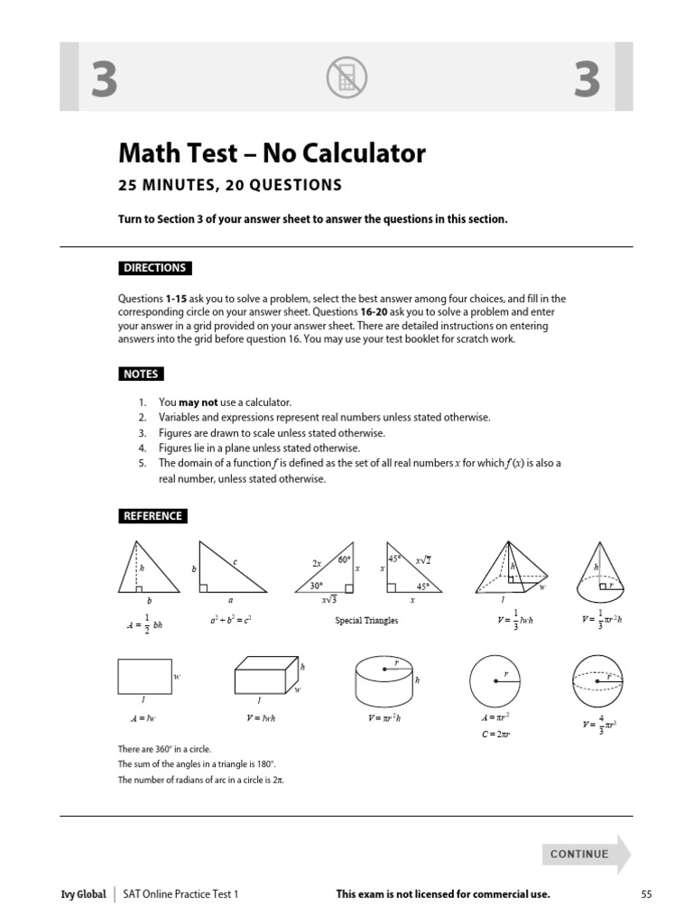SAT Math Test No Calculator 1 | PDF | Text Messaging | Circle