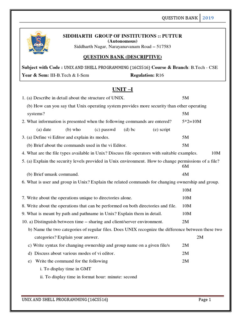 16cs516 Unix And Shell Programming Pdf Computing Software