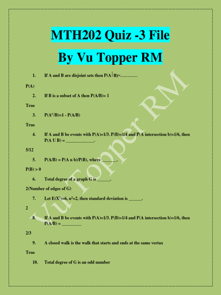 MTH202 Quiz - Probability and Graph Theory | PDF | Random Variable | Mathematical Proof