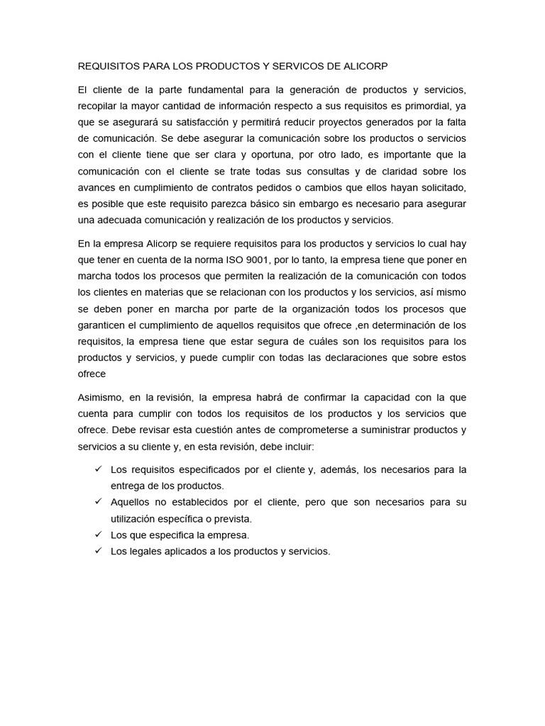 Requisitos para Los Productos y Servicos de Alicorp | PDF
