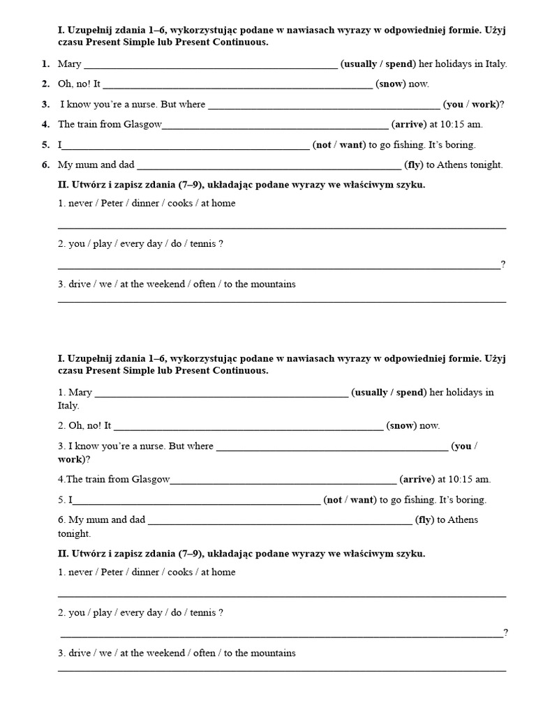 Present Simple I Present Continuous Kartkówka | PDF