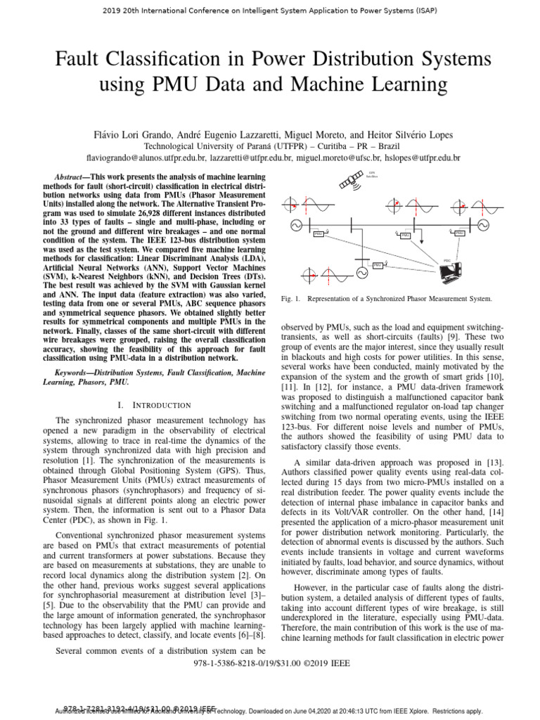 1fault Classification In Power Distribution Systems Using Pmu Data And Machine Learning 