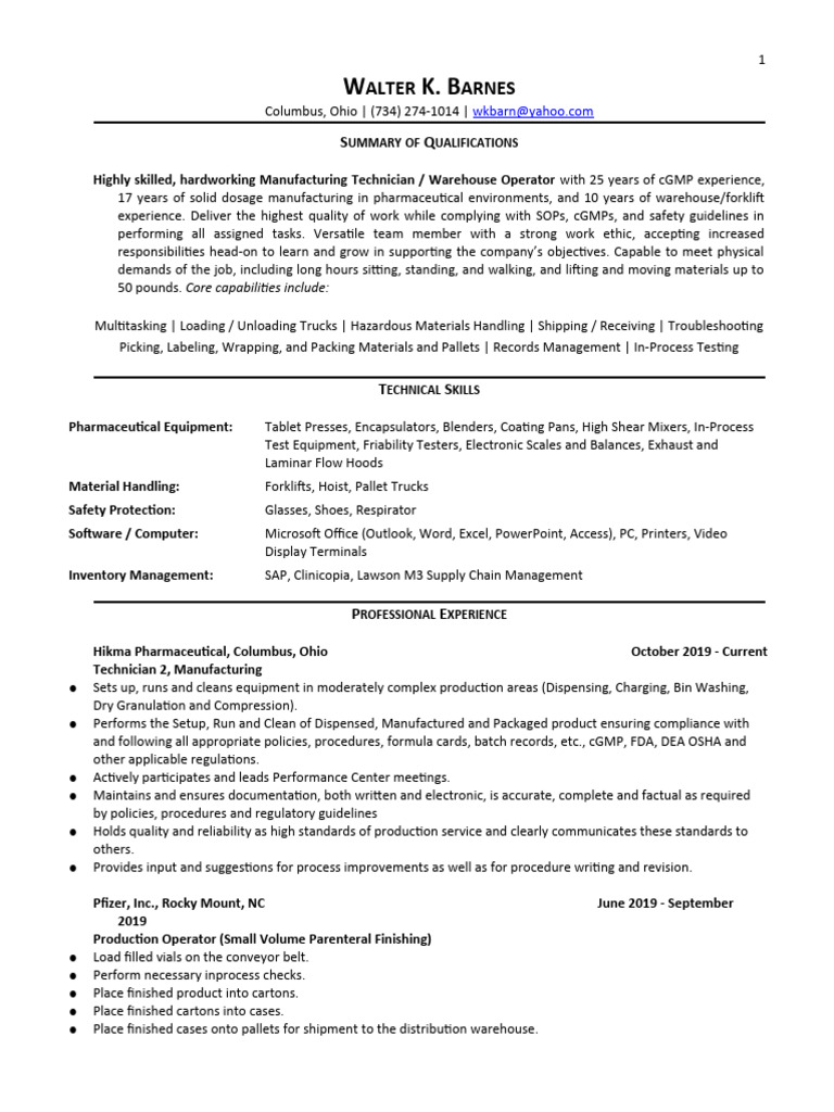 Barnes-Walter Resume | PDF | Tablet (Pharmacy) | Warehouse