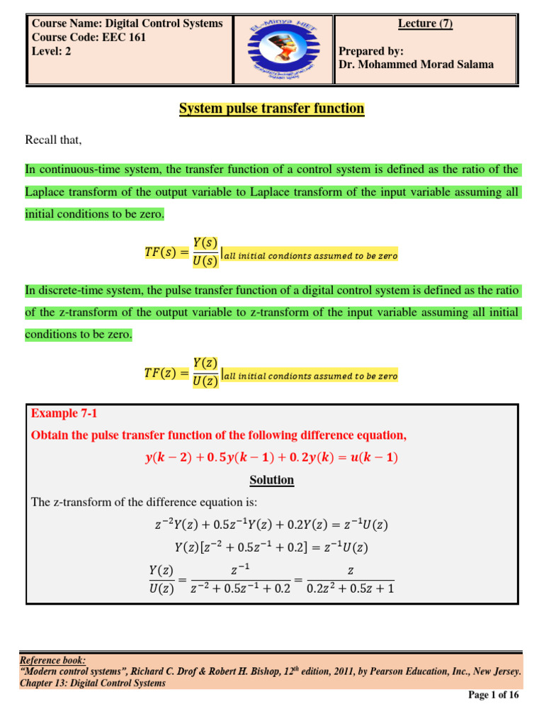7 - Lecture 7 - Pulse Transfer Function & ZOH Transfer Function - (2nd Term 2021-2022) | PDF ...