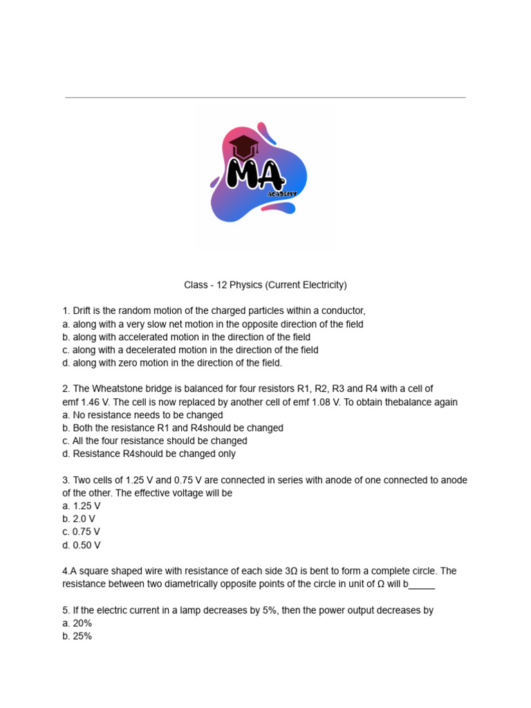 Class - 12 Physics (Current Electricity) | PDF | Electrical Resistance And Conductance | Voltage