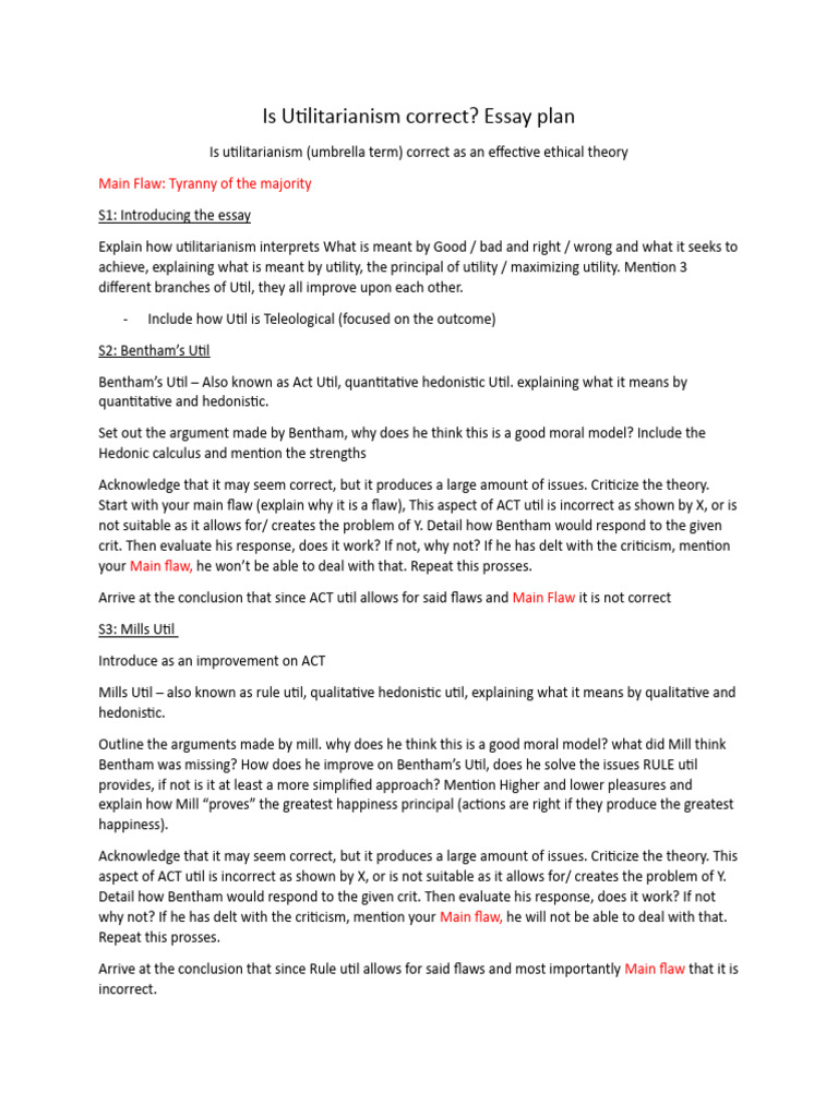 Utilitarianism Essay Plan | PDF | Utilitarianism | Hedonism