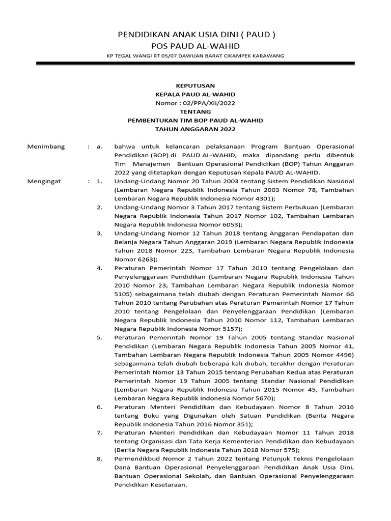 Contoh SK Tim BOP PAUD | PDF