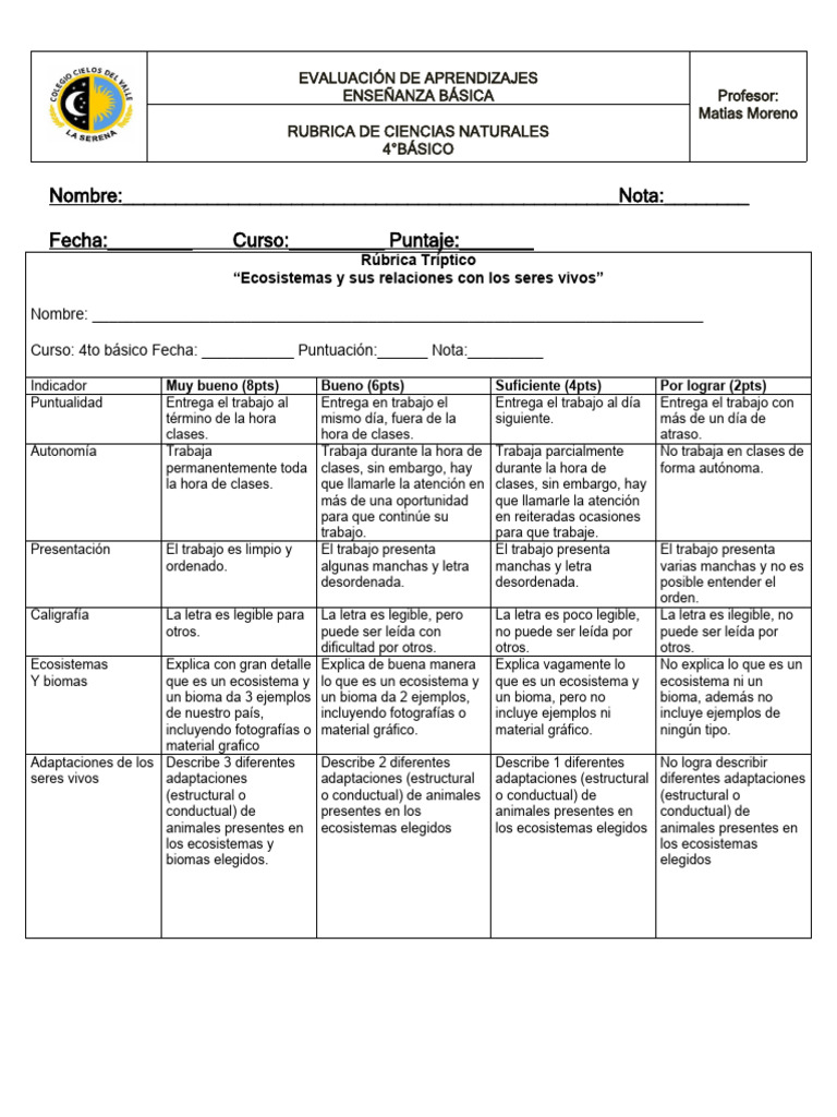 Rúbrica para Tríptico de Ciencias Naturales | PDF | Aprendizaje