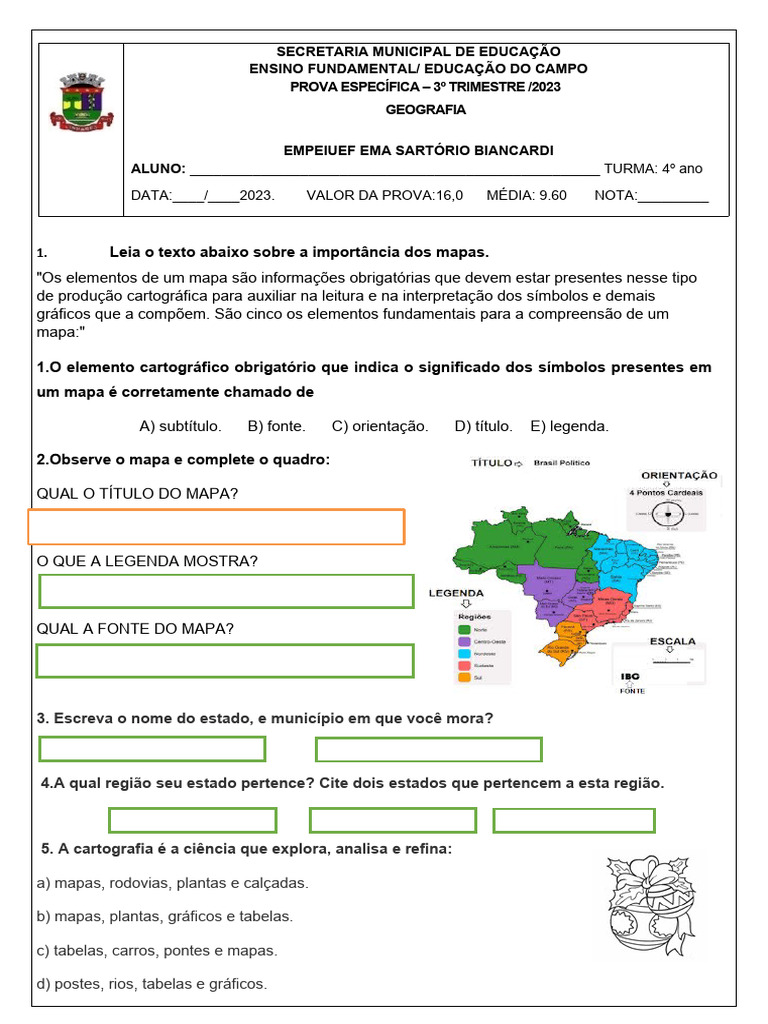 Prova de Geografia 4 Ano | PDF | Mapa | Geografia