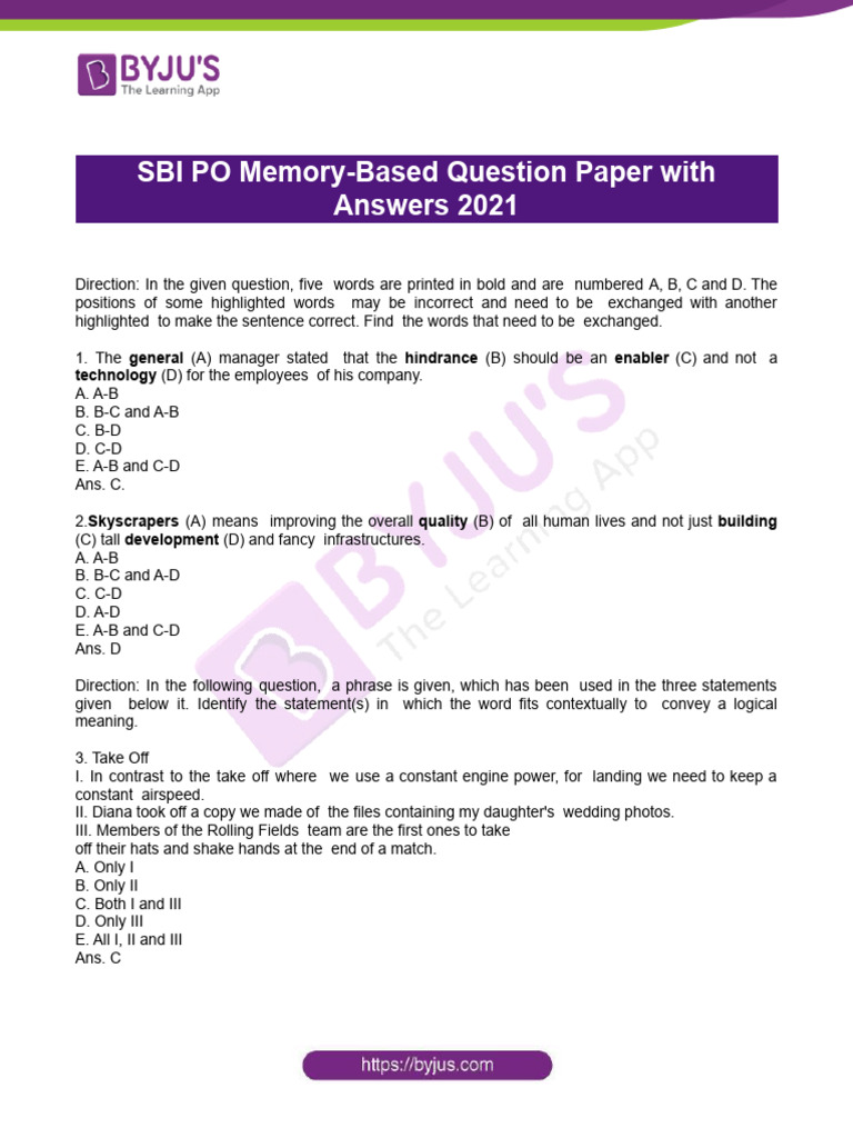 SBI PO 2021 Memory-Based Question Paper | PDF | Language Arts & Discipline