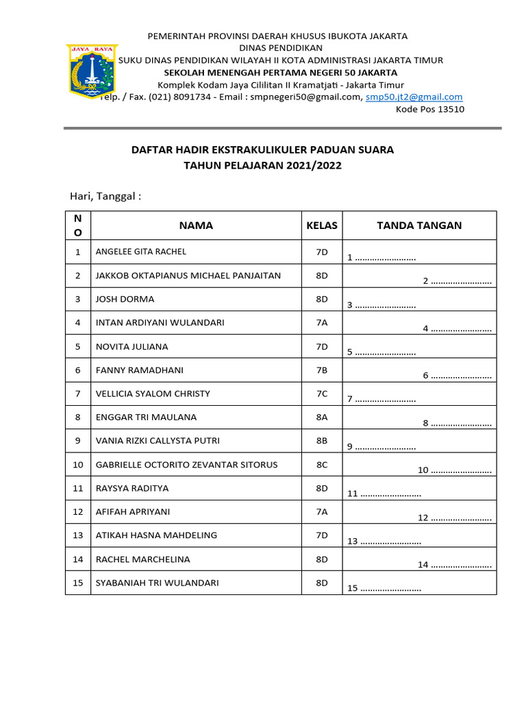 Daftar Hadir Ekstrakurikuler Paduan Suara | PDF