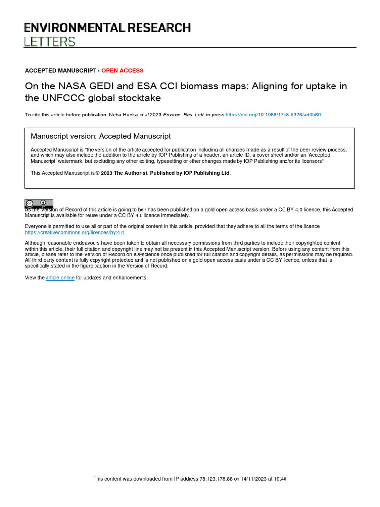 10.1088@1748-9326@ad0b60 ERL On The NASA GEDI and ESA CCI Biomass Maps | PDF | Errors And ...