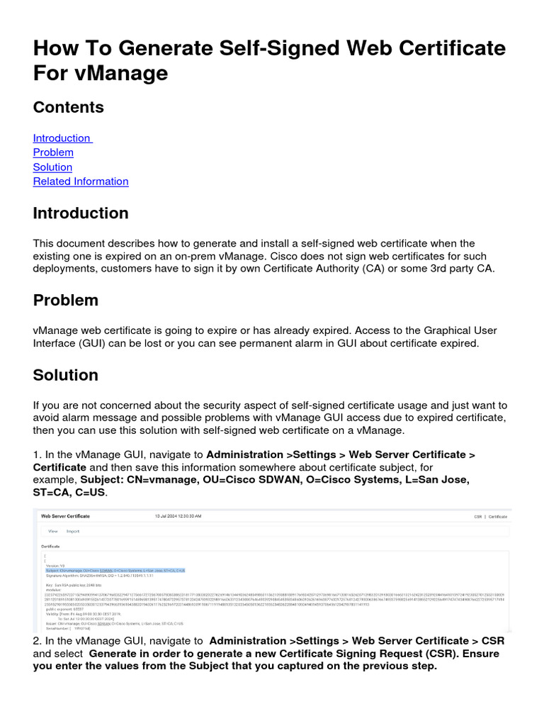 How To Generate Self-Signed Web Certificate For Vmanage | PDF | Public Key Certificate | World ...