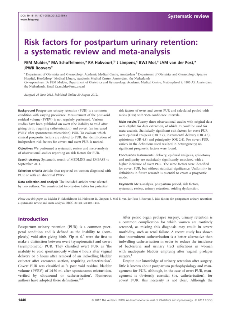 Postpartum Urinary Retention Risk Factors | PDF | Childbirth | Health Care